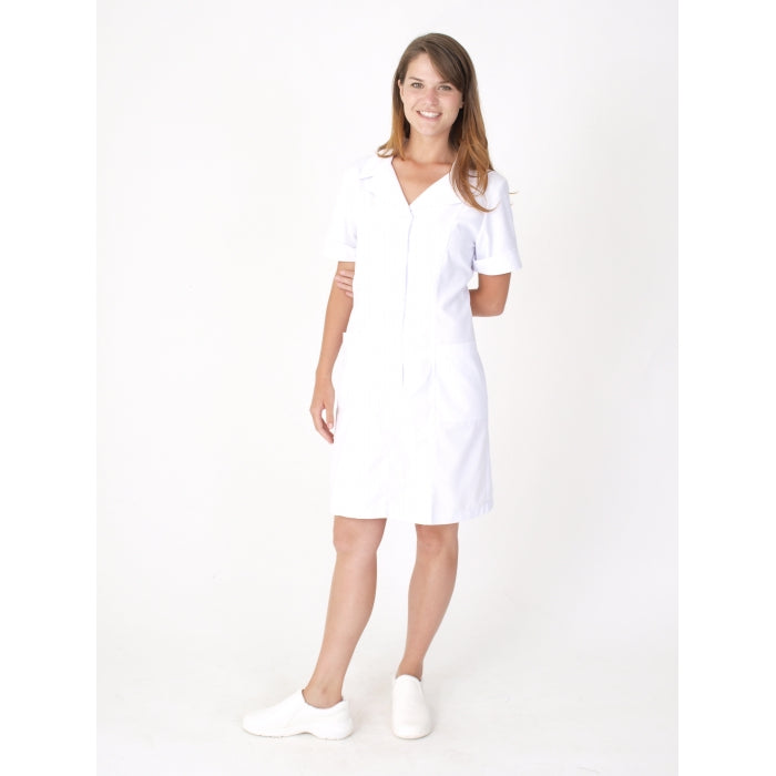 4194 - KNEE LENGTH 36 INCH WHITE NOTCHED LAPEL NURSE SCRUB DRESS ...